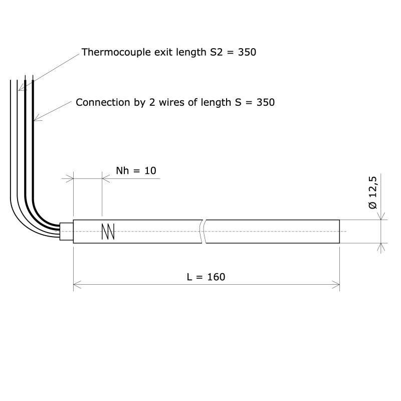 Single tube heater Ø12,5 with thermocouple K - 600W - 230V 1P - Length ...