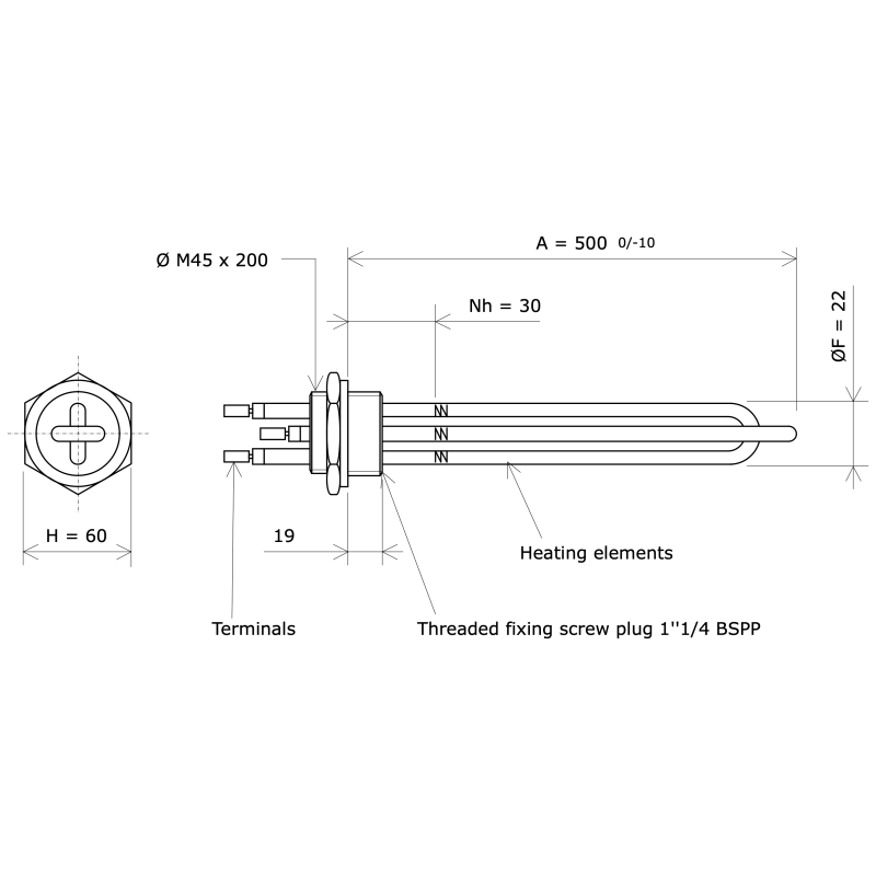 Screw plug immersion heater 1''1/4 gas cyl. - 2000 W / 230 V 1P - 5W ...