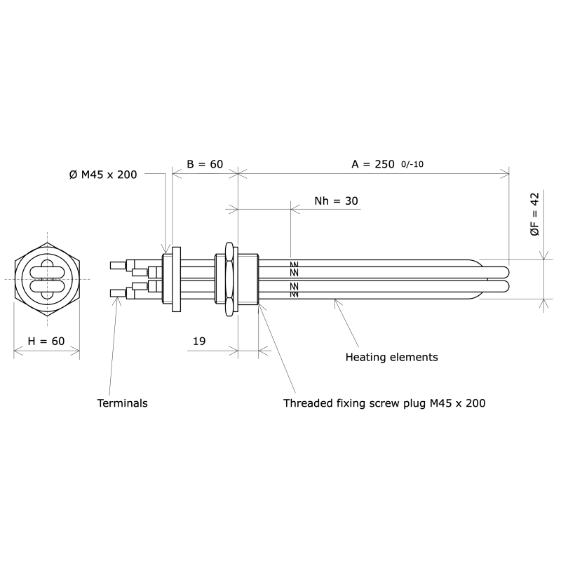 Screw plug immersion heater M45 x 200 with offset - 750 W / 230-400 V ...