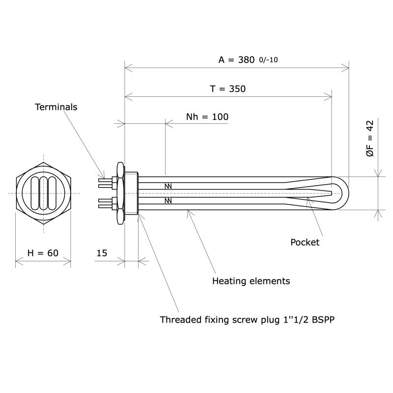 Screw plug immersion heater 1''1/2 Gas cyl. - 3000 W / 230 V 1P - 7W ...