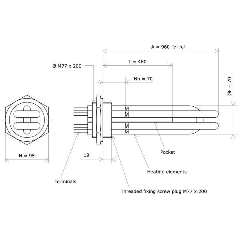 Screw plug immersion heater M77 x 200 - 30000 W / 400 V 3P - 12W/cm2 ...