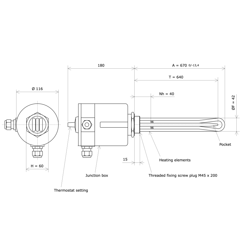 Screw plug immersion heater M45 x 200 - 4500 W / 400 V 3P - 5W/cm2 ...