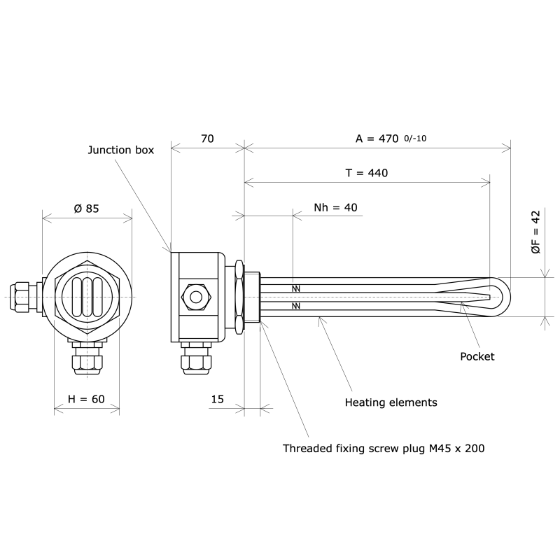 Screw plug immersion heater M45 x 200 - 6000 W / 400 V 3P - 10W/cm2 ...