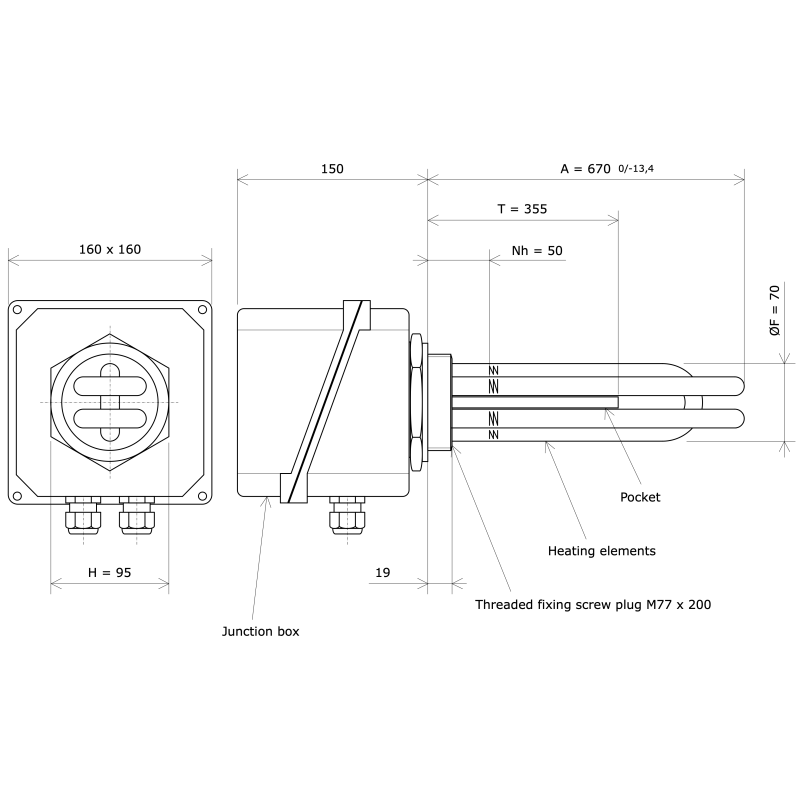 Screw plug immersion heater M77 x 200 - 15000 W / 400 V 3P - 8W/cm2 ...