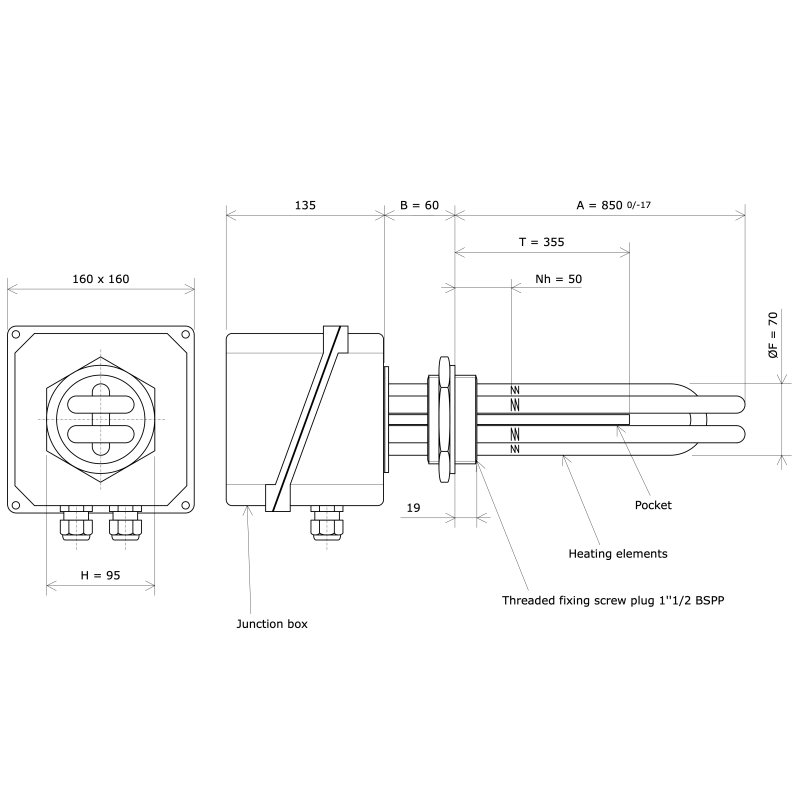 Screw plug immersion heater 2''1/2 Gas cyl. with offset - 18000 W / 400 ...