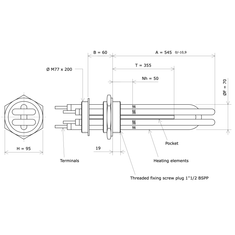 Screw plug immersion heater 2''1/2 Gas cyl. with offset - 12000 W / 400 ...