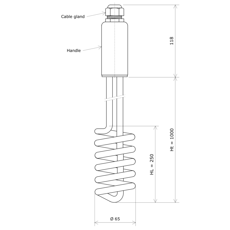 Removable immersion heaters with vertical spiral shielded tube - 2000 W - Height 1000 mm | VULCANIC
