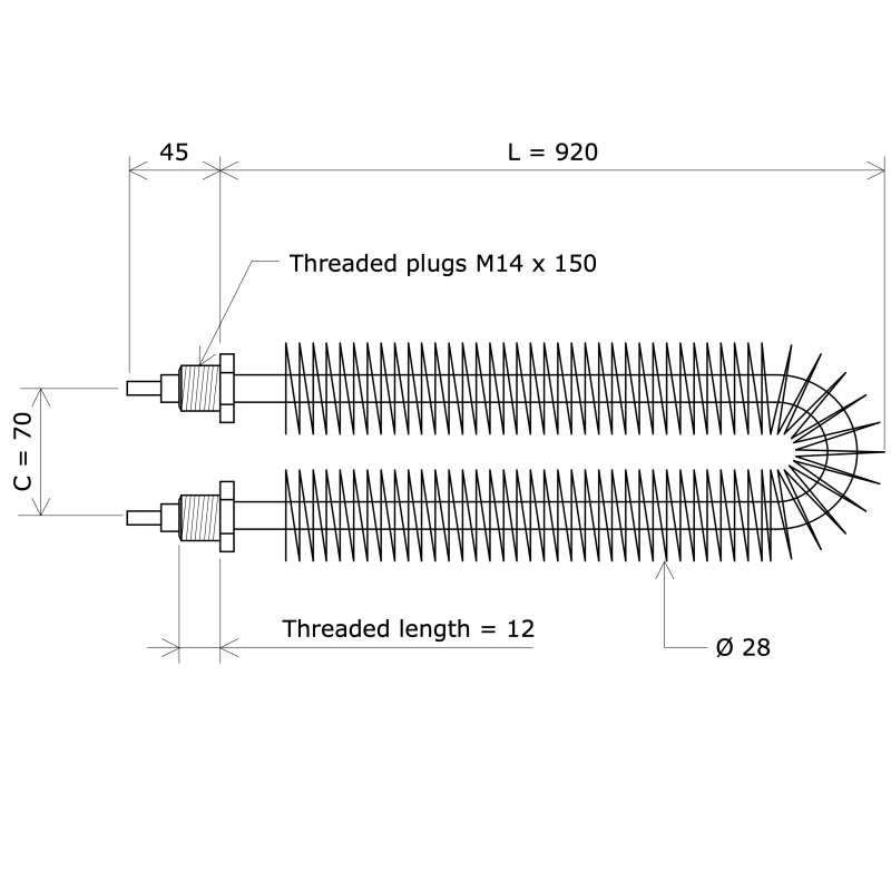 Stainless steel twisted finned heater - 4000W - 230V - 9,5W/cm2 | VULCANIC