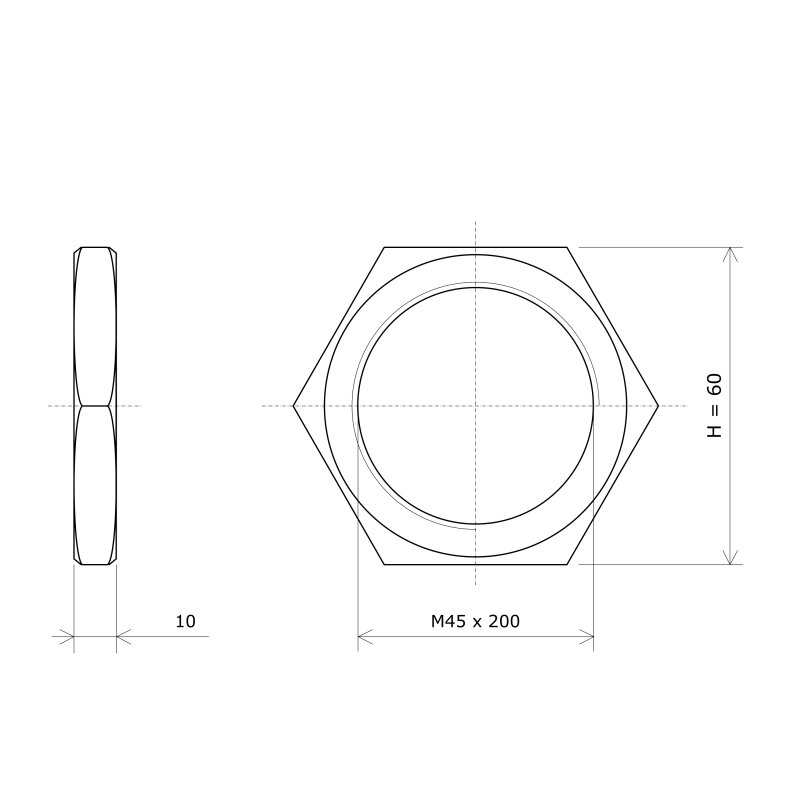 M45 x 200 steel hexagonal nut for screw plug immersion heaters | VULCANIC
