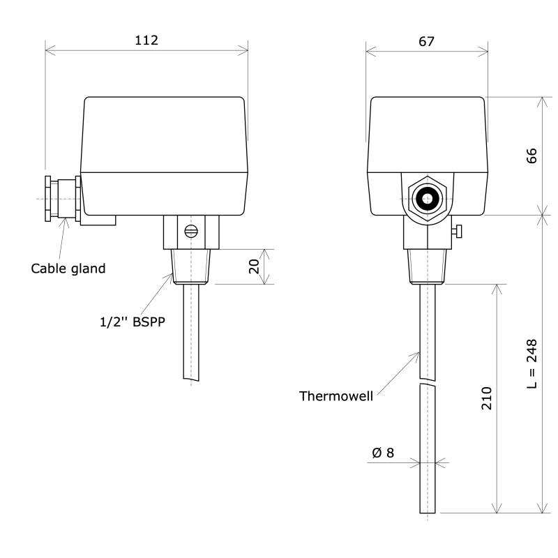 IP54 rod type temperature cut-out thermostat - Adjustable range from 0 ...