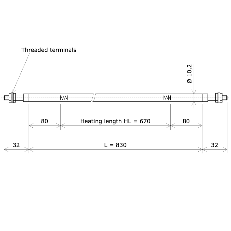 Standard straight tubular heating element - Ø10,2 x 830 mm in 904L ...