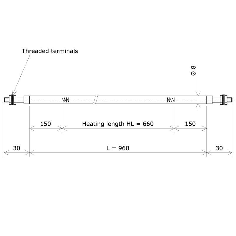 Standard straight tubular heating element - Ø8 x 960 mm in Incoloy 800 ...