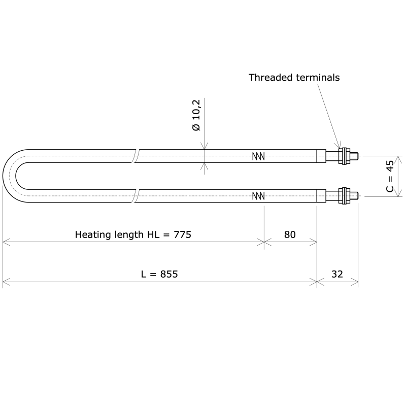 U-shaped tubular heating elements - Ø10,2 x 855 mm in 904L stainless ...