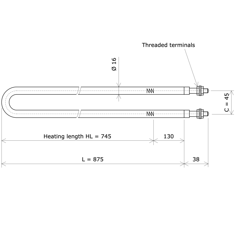 U-shaped tubular heating elements - Ø16 x 875 mm in 321 stainless steel ...