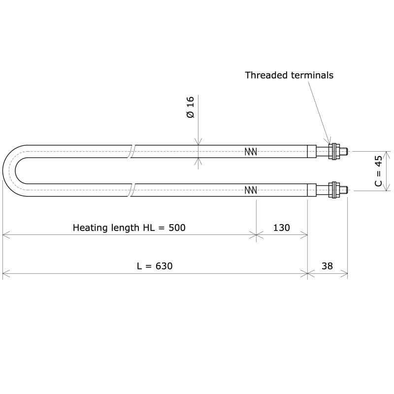 U-shaped tubular heating elements - Ø16 x 630 mm in 321 stainless steel ...