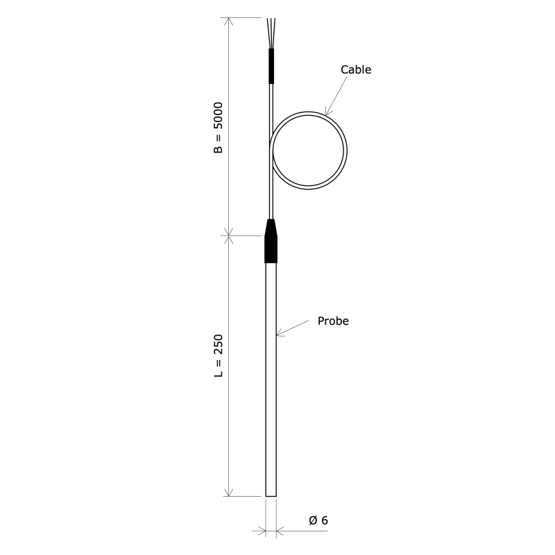 Rigid Pt100 probe Ø 6 mm with PVC cable - L 250 mm | VULCANIC