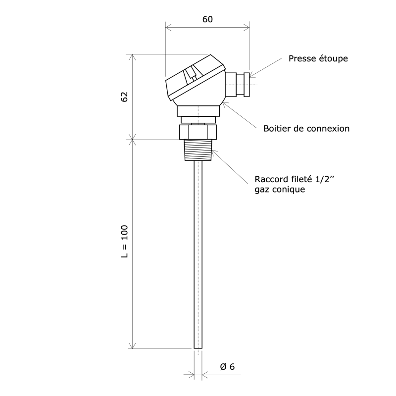 Sonde Pt100 rigide Ø6 mm avec boitier et raccord 1/2'' BSPT - L 100 mm | VULCANIC