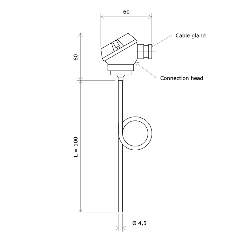 Flexible Pt100 probe Ø 4,5 mm with IP54 head - L 100 mm | VULCANIC