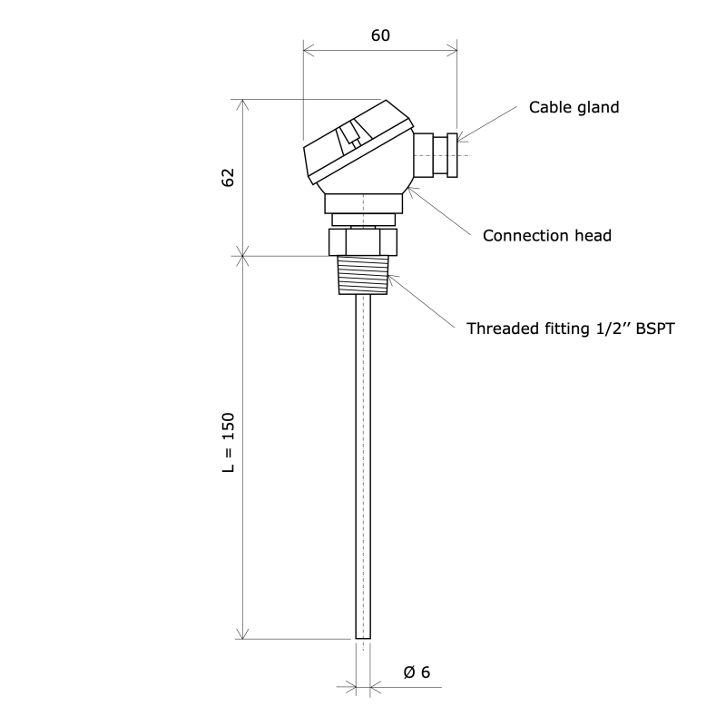 Rigid Pt100 probe Ø6 mm with head and fitting 1/2'' BSPT - L 150 mm ...