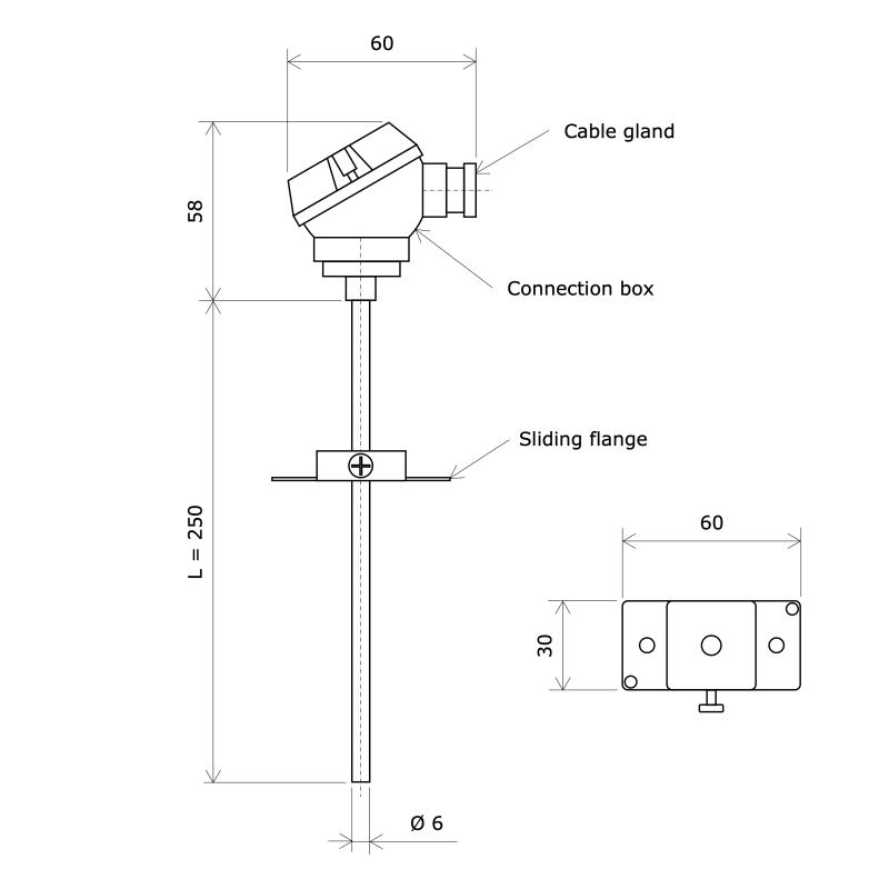 Pt100 probe Ø 6 mm with head and sliding mounting flange - L 250 mm ...