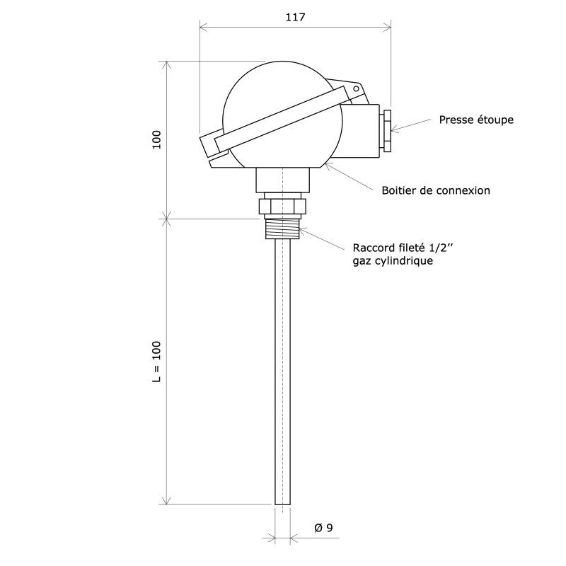 Sonde Pt100 à élément interchangeable avec boitier et raccord 1/2 ...