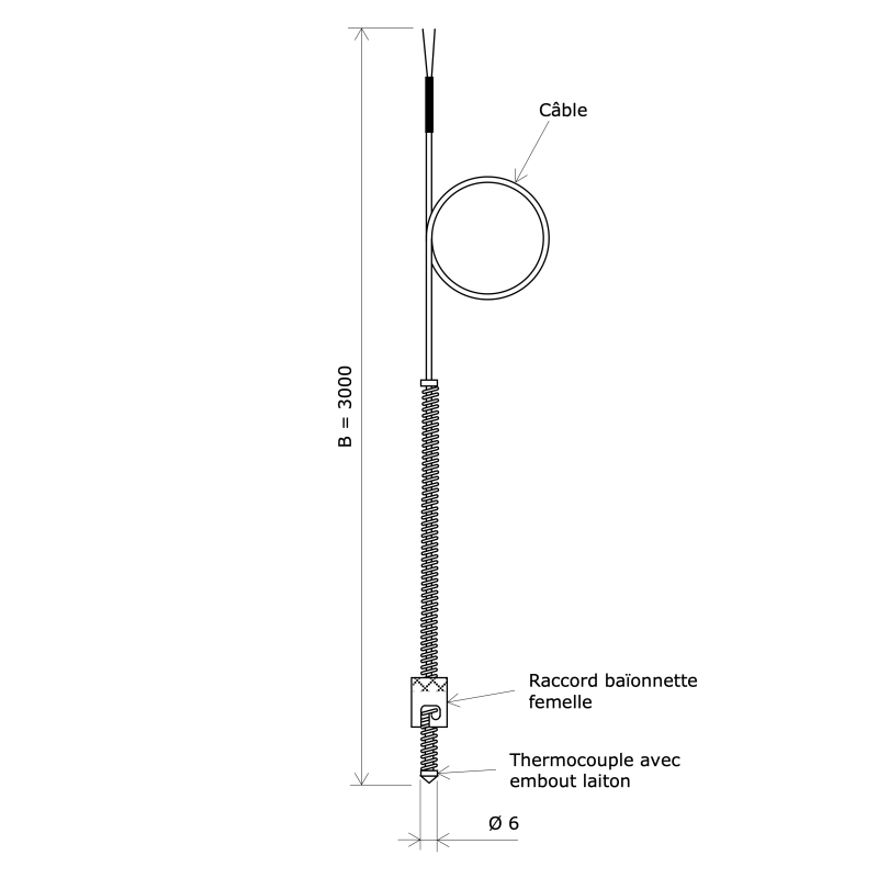 Thermocouple J à baïonnette avec embout Ø 6 mm et câble de longueur ...