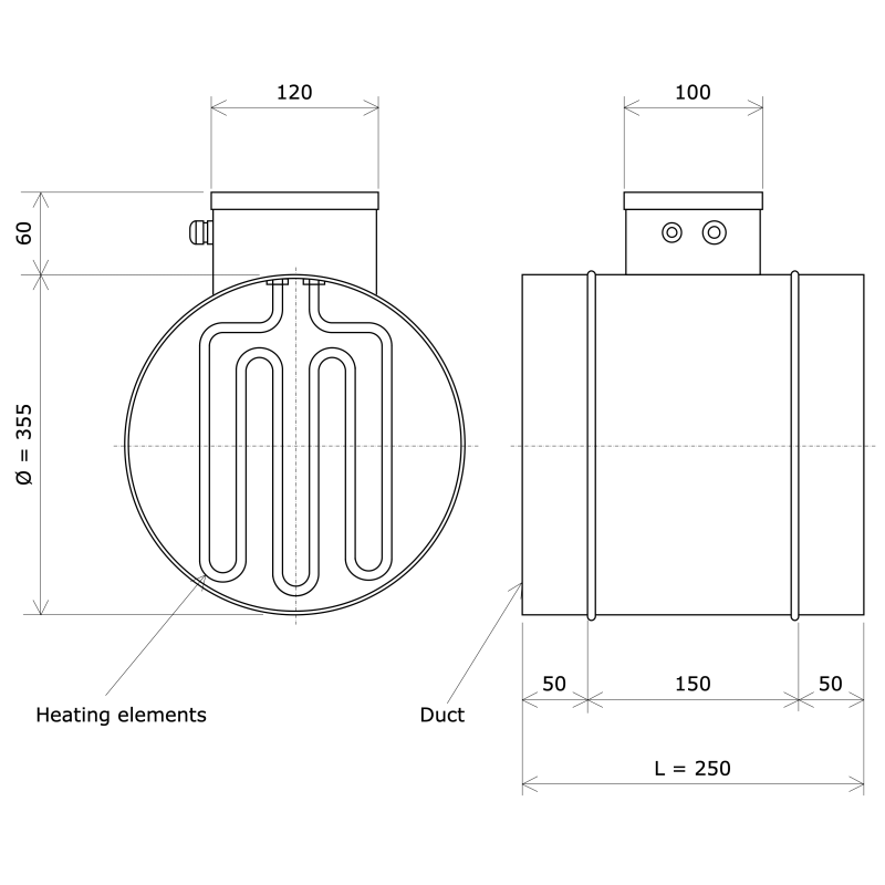 Air heater for circular duct Ø 355 - 2,5kW / 230V 1P | VULCANIC