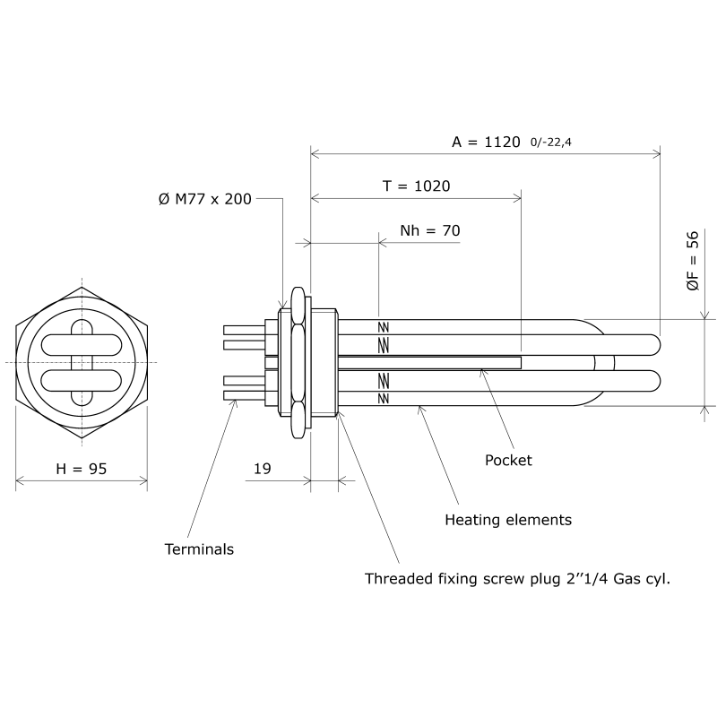 Screw plug immersion heater 2''1/4 Gas cyl. - 20000W/230-400V - 10W/cm2 ...